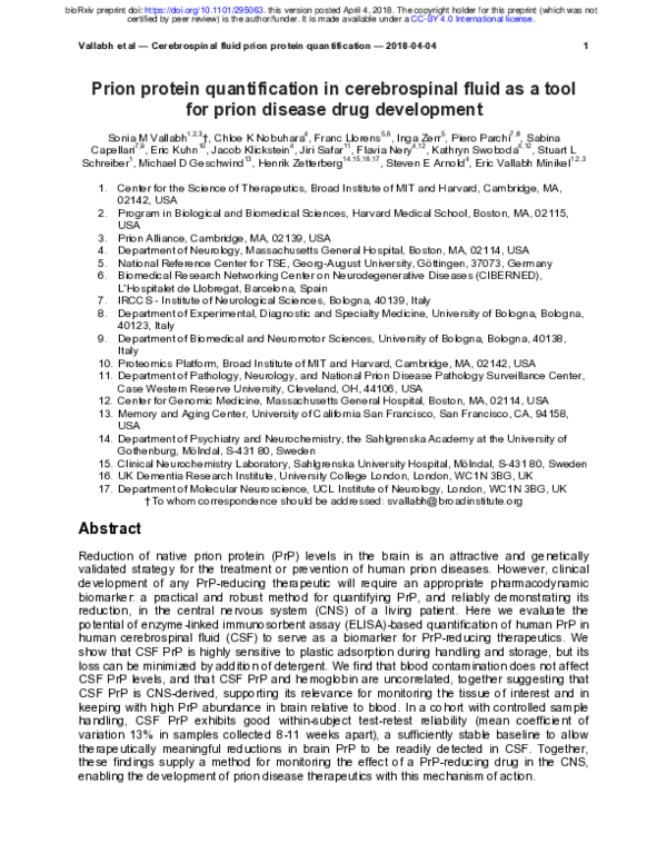 (PDF) Prion protein quantification in cerebrospinal fluid as a tool for prion disease drug ...
