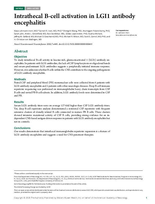 (PDF) Intrathecal B-cell activation in LGI1 antibody encephalitis | Michael Geschwind - Academia.edu