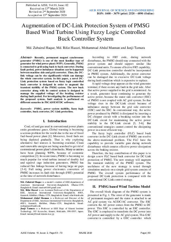(PDF) Augmentation of DC-Link Protection System of PMSG Based Wind Turbine Using Fuzzy Logic ...
