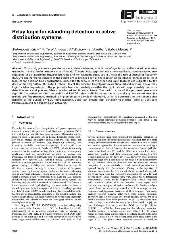 (PDF) Relay logic for islanding detection in active distribution systems
