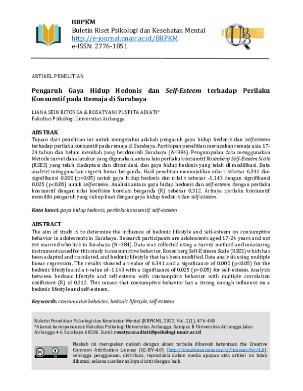 (PDF) Pengaruh Gaya Hidup Hedonis dan Self-Esteem terhadap Perilaku Konsumtif pada Remaja di ...