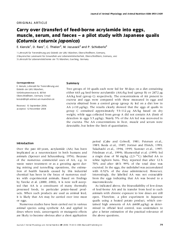 (PDF) Carry over (transfer) of feed‐borne acrylamide into eggs, muscle ...
