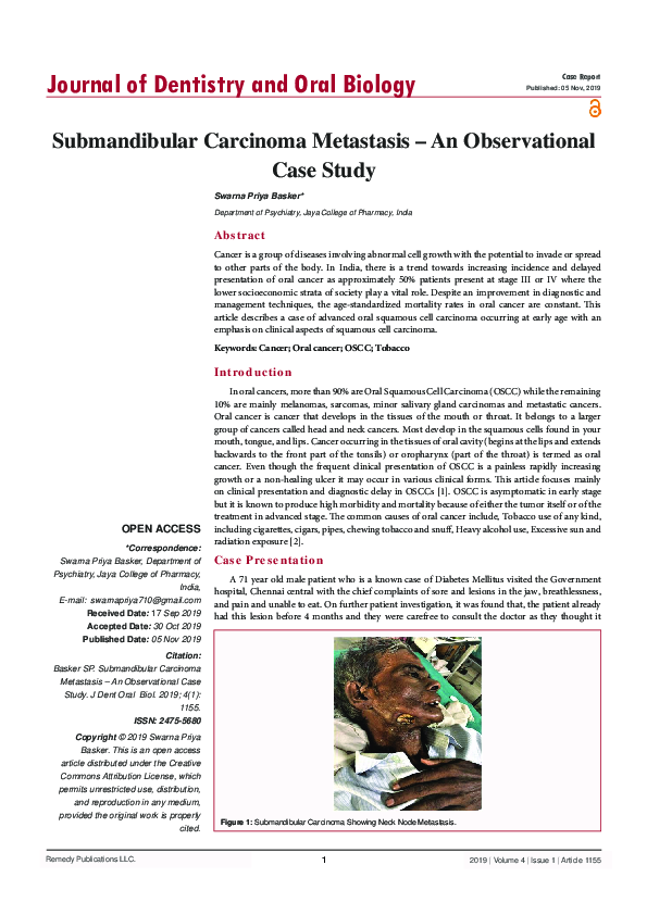 (PDF) Submandibular Carcinoma Metastasis – An Observational Case Study