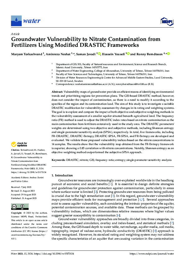 Pdf Groundwater Vulnerability To Nitrate Contamination From Fertilizers Using Modified Drastic