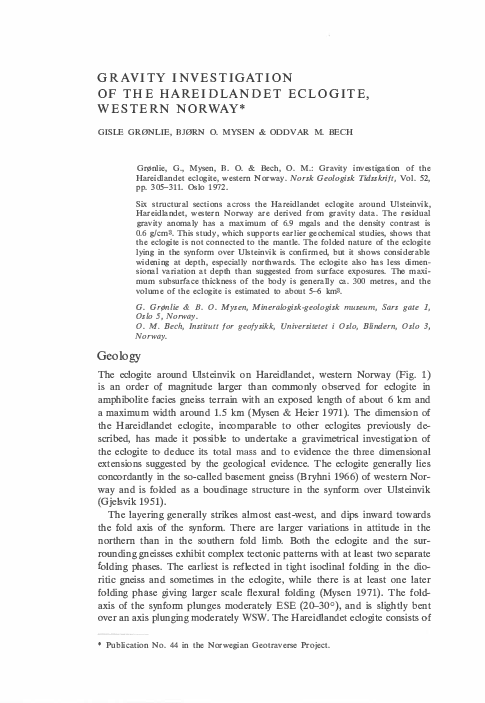 (PDF) Gravity Investigation of the Hareidlandet Eclogite | Bjorn Mysen ...