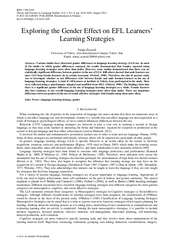 (PDF) Exploring the Gender Effect on EFL Learners’ Learning Strategies