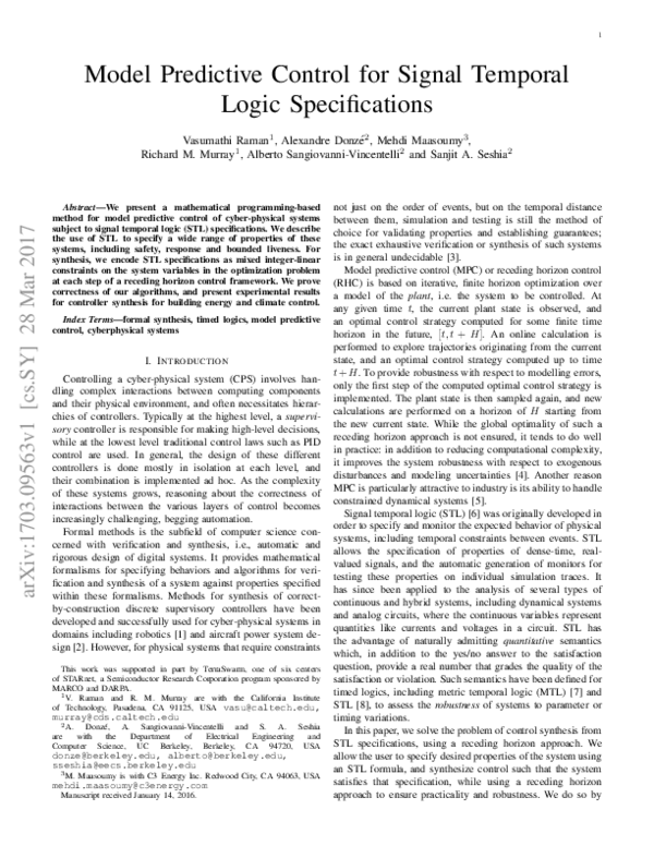 Pdf Model Predictive Control For Signal Temporal Logic Specification Prof Alberto L