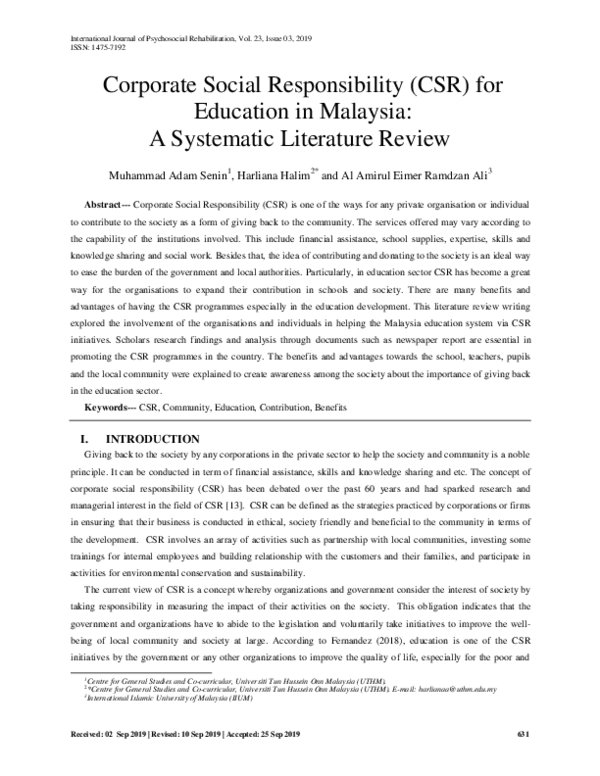 (PDF) Corporate Social Responsibility (CSR) for Education in Malaysia: A Systematic Literature ...