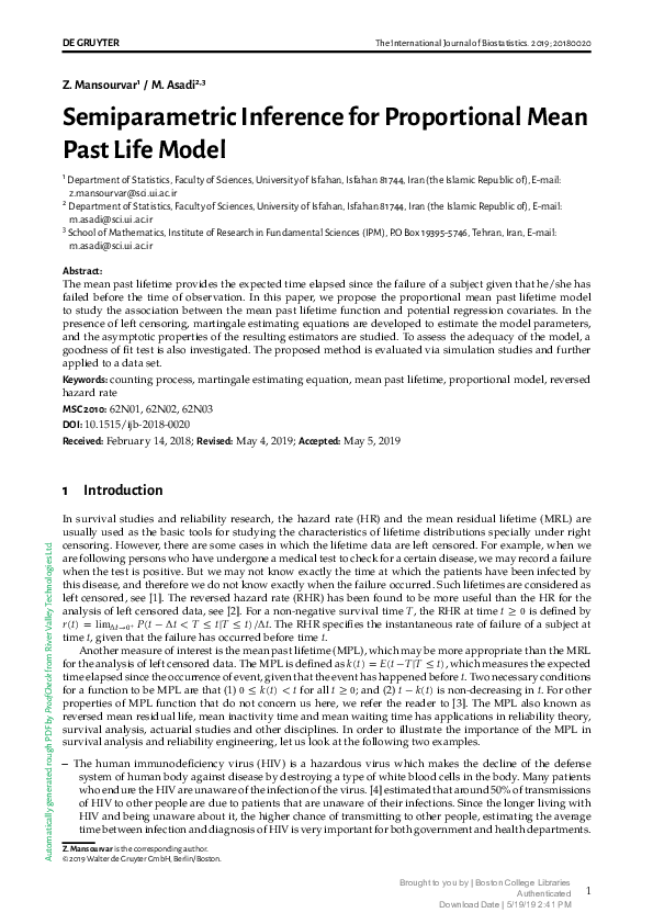 (PDF) Semiparametric Inference for Proportional Mean Past Life Model