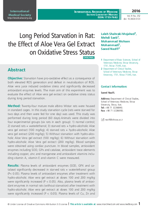 (PDF) Long Period Starvation in Rat: The Effect of Aloe Vera Gel ...