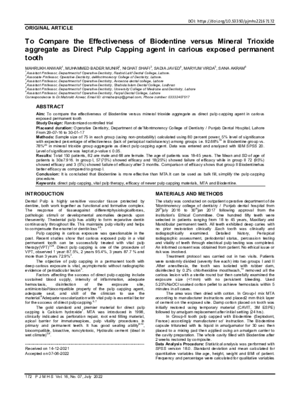 (PDF) To Compare the Effectiveness of Biodentine versus Mineral ...