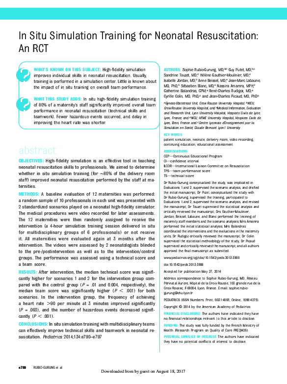 (PDF) In Situ Simulation Training for Neonatal Resuscitation: An RCT