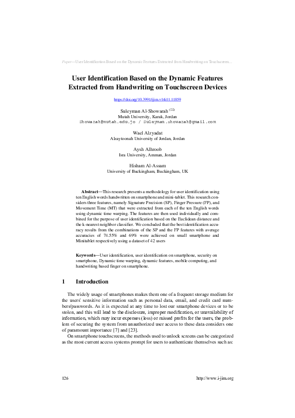 (PDF) User Identification Based on the Dynamic Features Extracted from Handwriting on ...