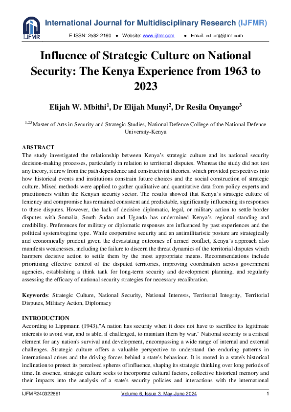 (PDF) Influence of Strategic Culture on National Security: The Kenya ...
