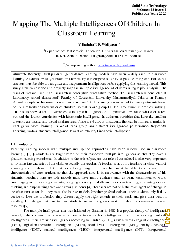 (PDF) Mapping The Multiple Intelligences Of Children In Classroom Learning