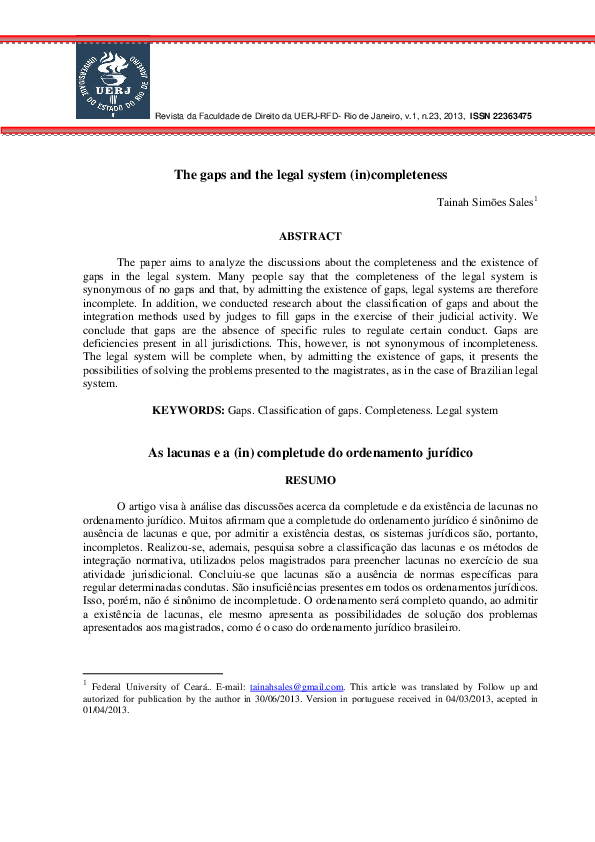 (PDF) The gaps and the legal system (in)completeness