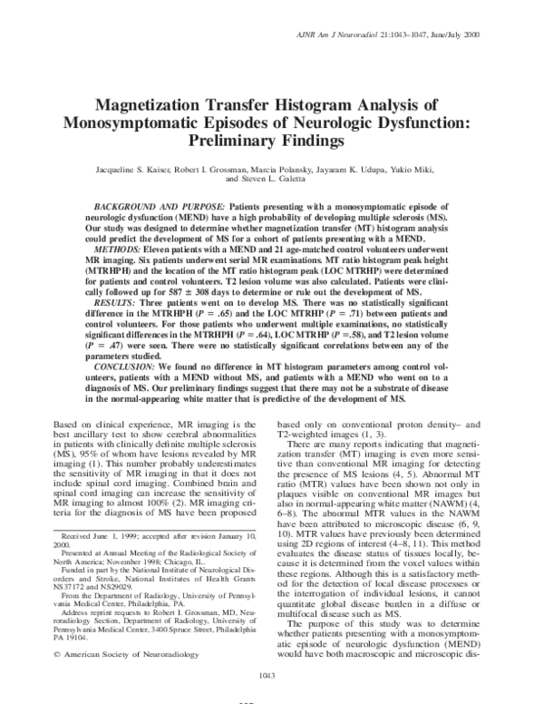 (PDF) Magnetization transfer histogram analysis of monosymptomatic episodes of neurologic ...