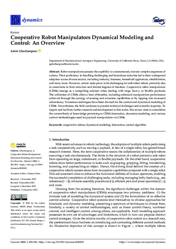 (PDF) Cooperative Robot Manipulators Dynamical Modeling and Control: An Overview | Amin ...