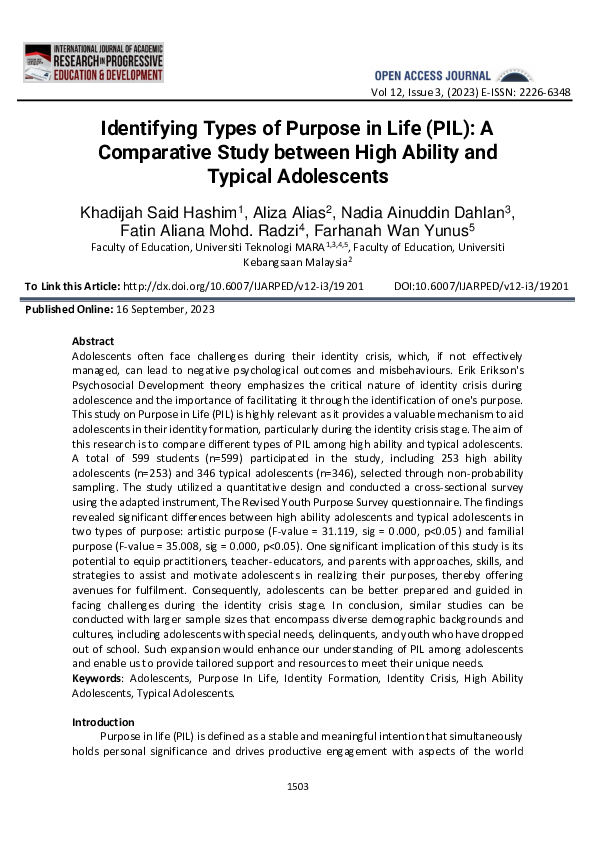 (PDF) Identifying Types of Purpose in Life (PIL): A Comparative Study ...