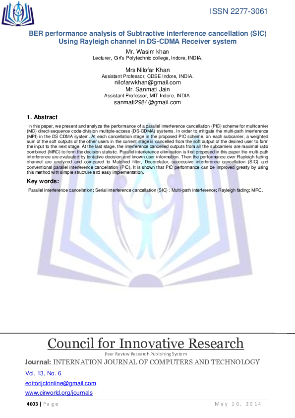 (PDF) BER performance analysis of Subtractive interference cancellation ...