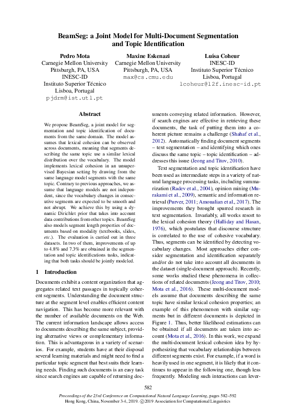 (PDF) BeamSeg: A Joint Model for Multi-Document Segmentation and Topic Identification
