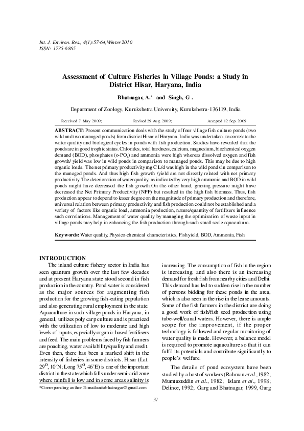 (PDF) Assessment of Culture Fisheries in Village Ponds: a Study in District Hisar, Haryana, India