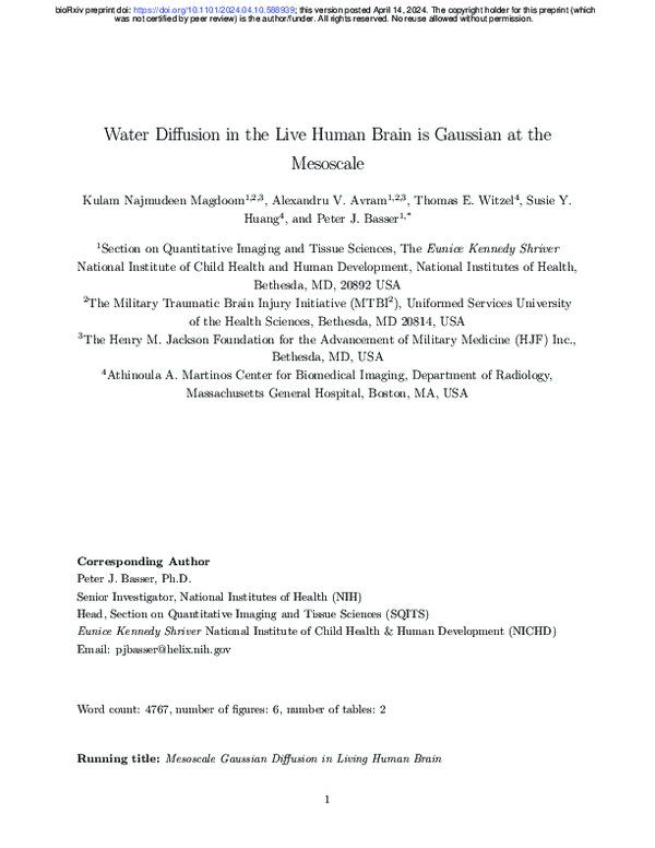 (PDF) Water Diffusion in the Live Human Brain is Gaussian at the Mesoscale