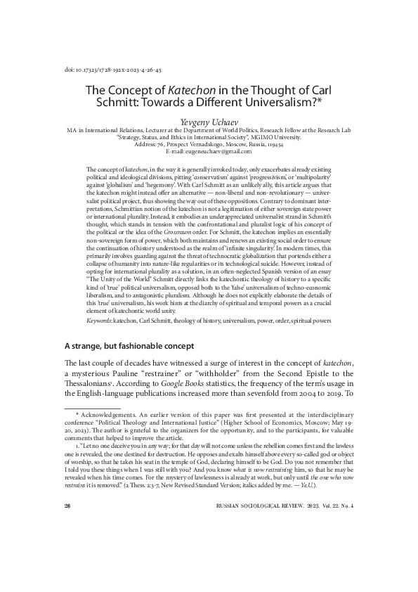 (PDF) The Concept of Katechon in the Thought of Carl Schmitt: Towards a ...