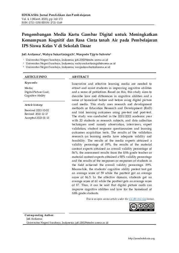 (PDF) Pengembangan Media Kartu Gambar Digital Untuk Meningkatkan Kemampuan Kognitif dan Rasa ...
