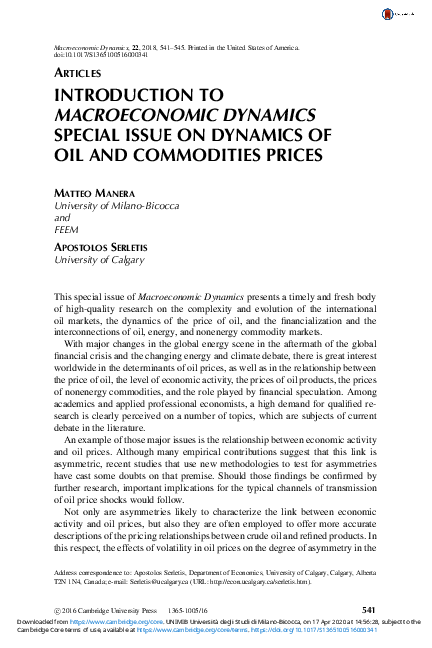 (PDF) Introduction to Macroeconomic Dynamics Special Issue on Dynamics of Oil and Commodities Prices