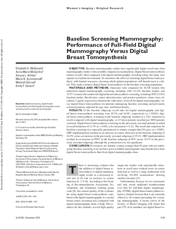 (PDF) Baseline Screening Mammography: Performance of Full-Field Digital Mammography Versus ...