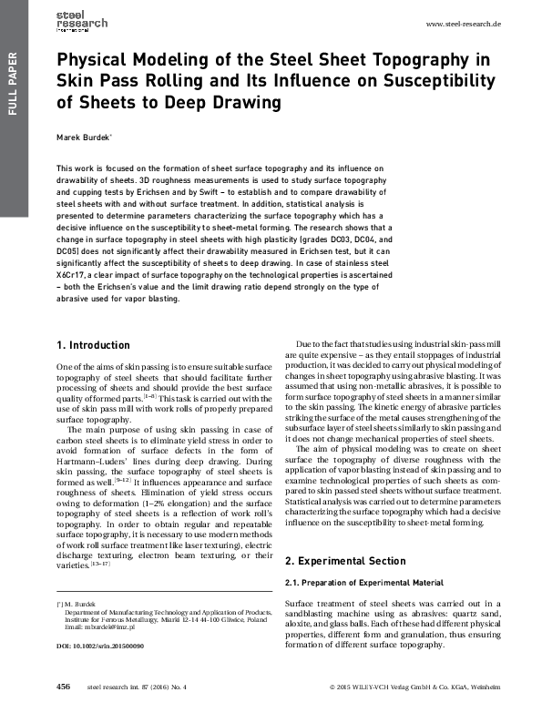 (PDF) Physical Modeling of the Steel Sheet Topography in Skin Pass ...