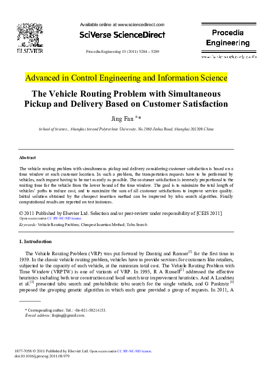 (PDF) The Vehicle Routing Problem with Simultaneous Pickup and Delivery Based on Customer ...