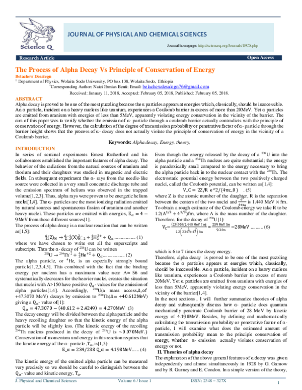 (PDF) The Process of Alpha Decay Vs Principle of Conservation of Energy