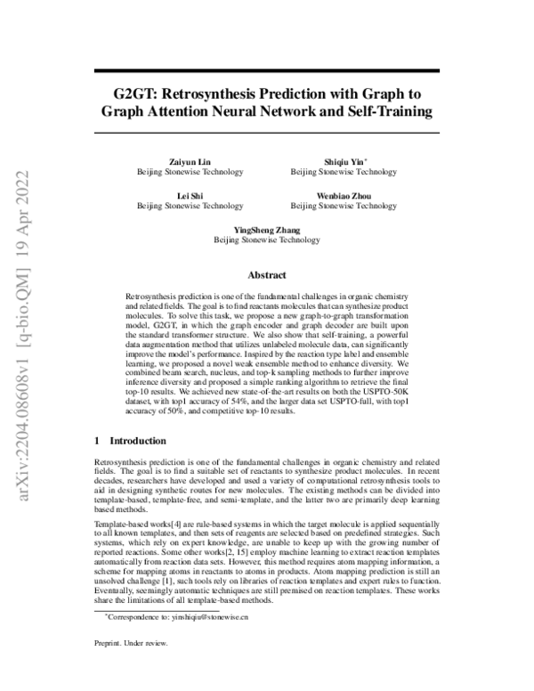 (PDF) G2GT: Retrosynthesis Prediction with Graph to Graph Attention Neural Network and Self-Training