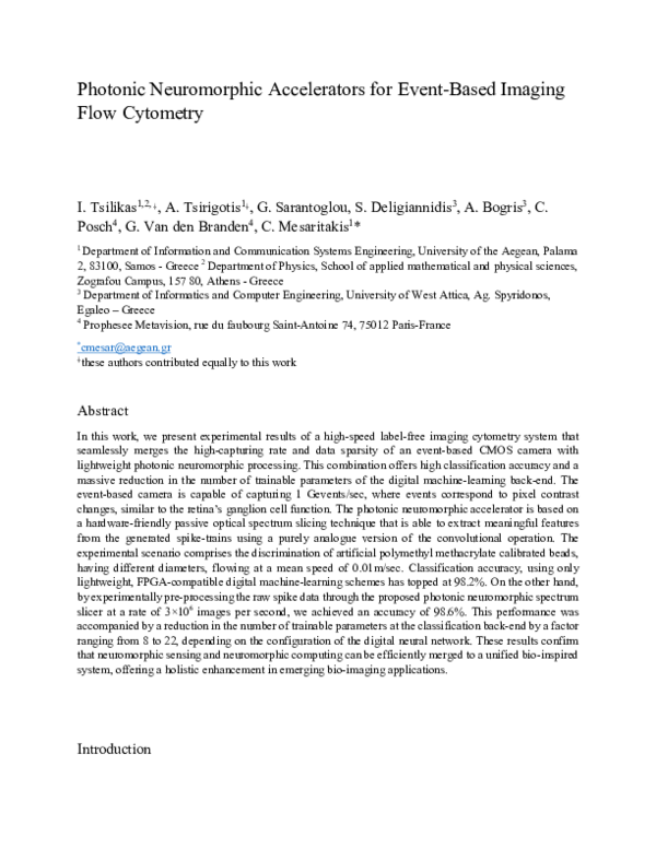 (PDF) Photonic Neuromorphic Accelerators for Event-Based Imaging Flow Cytometry