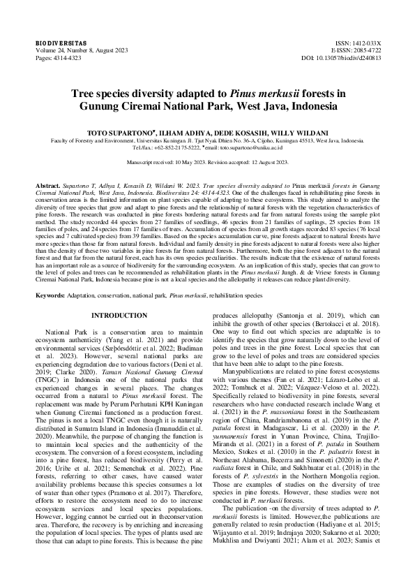 (PDF) Tree species diversity adapted to Pinus merkusii forests in Gunung Ciremai National Park ...