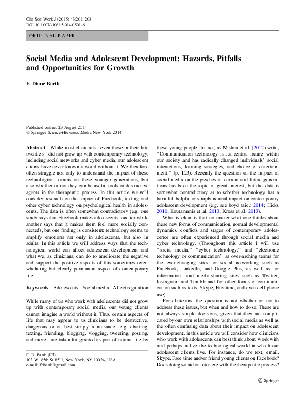 (PDF) Social Media and Adolescent Development: Hazards, Pitfalls and ...