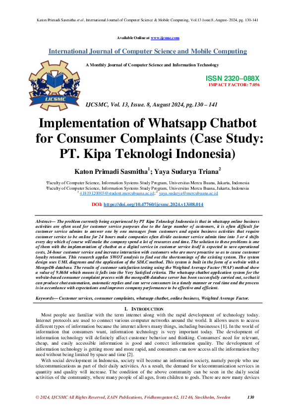 (PDF) Implementation of Whatsapp Chatbot for Consumer Complaints (Case Study: PT. Kipa Teknologi ...