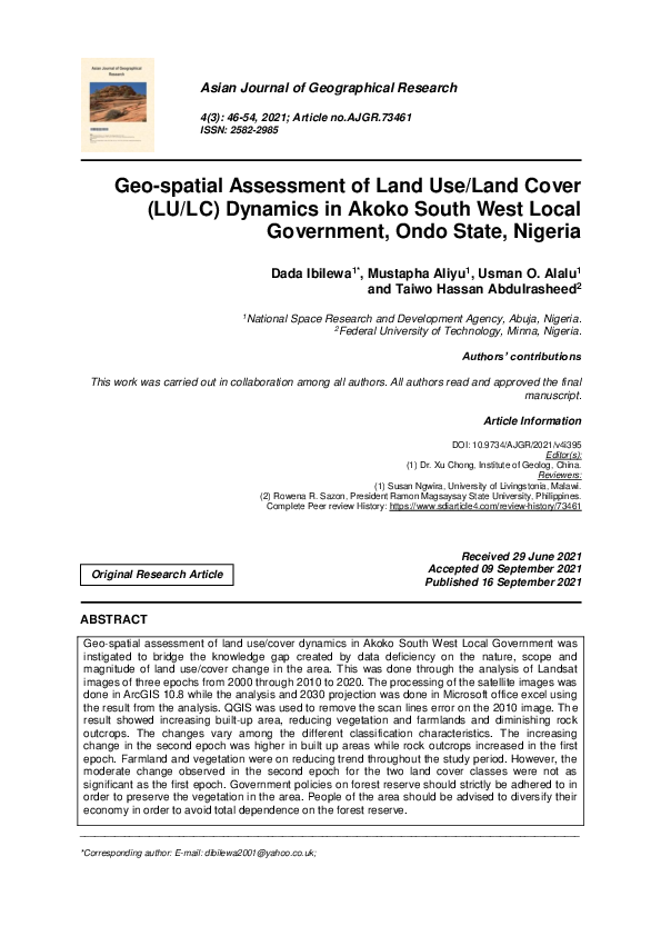 (PDF) Geo-spatial Assessment of Land Use/Land Cover (LU/LC) Dynamics in Akoko South West Local ...