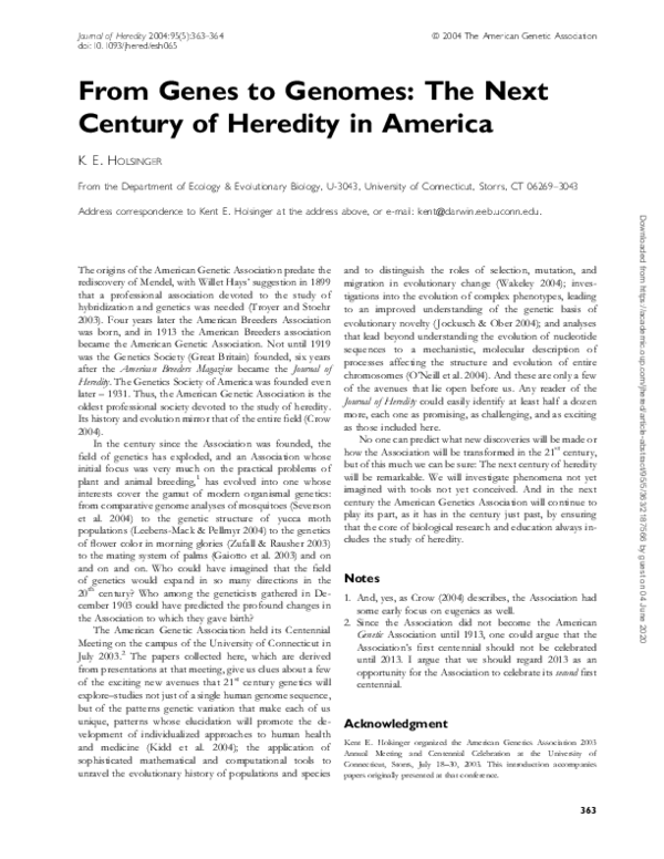(PDF) From Genes to Genomes: The Next Century of Heredity in America