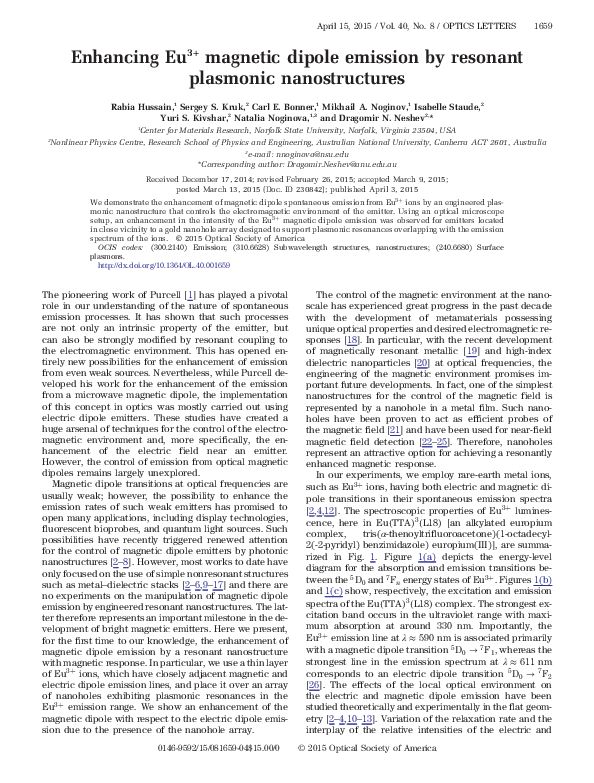(PDF) Enhancing Eu^3+ magnetic dipole emission by resonant plasmonic nanostructures | Carl ...