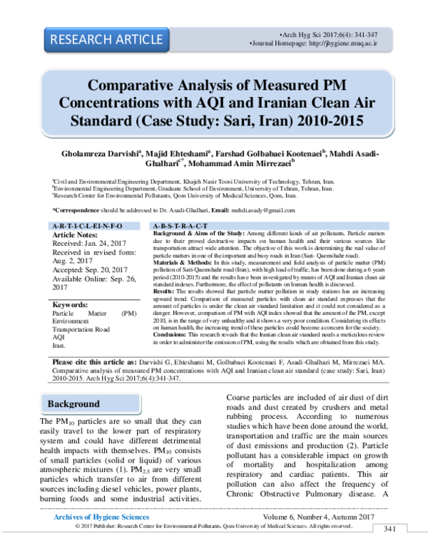 (PDF) Comparative Analysis of Measured PM Concentrations with AQI and Iranian Clean Air Standard ...
