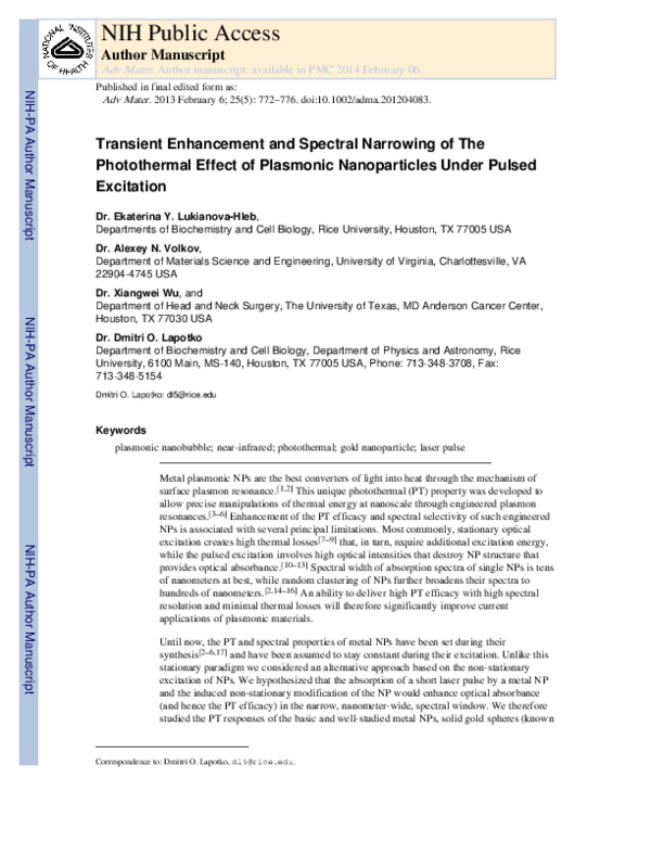 (PDF) Transient Enhancement and Spectral Narrowing of The Photothermal ...