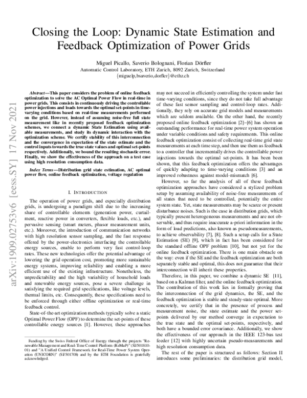 (PDF) Closing the loop: Dynamic state estimation and feedback optimization of power grids