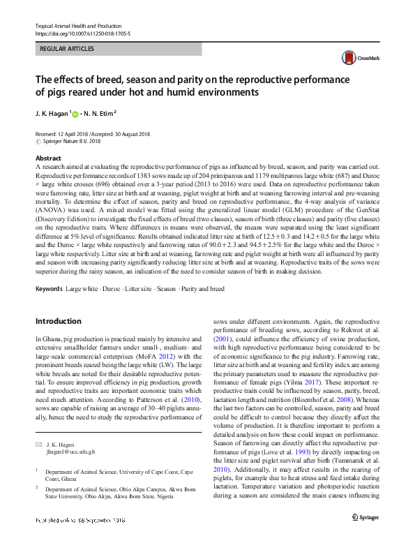 (PDF) The effects of breed, season and parity on the reproductive performance of pigs reared ...