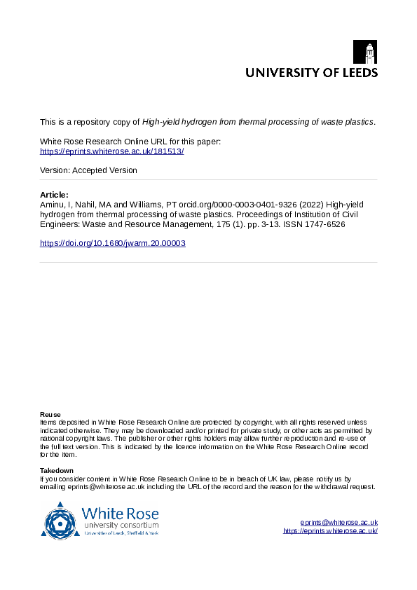 (PDF) High-yield hydrogen from thermal processing of waste plastics