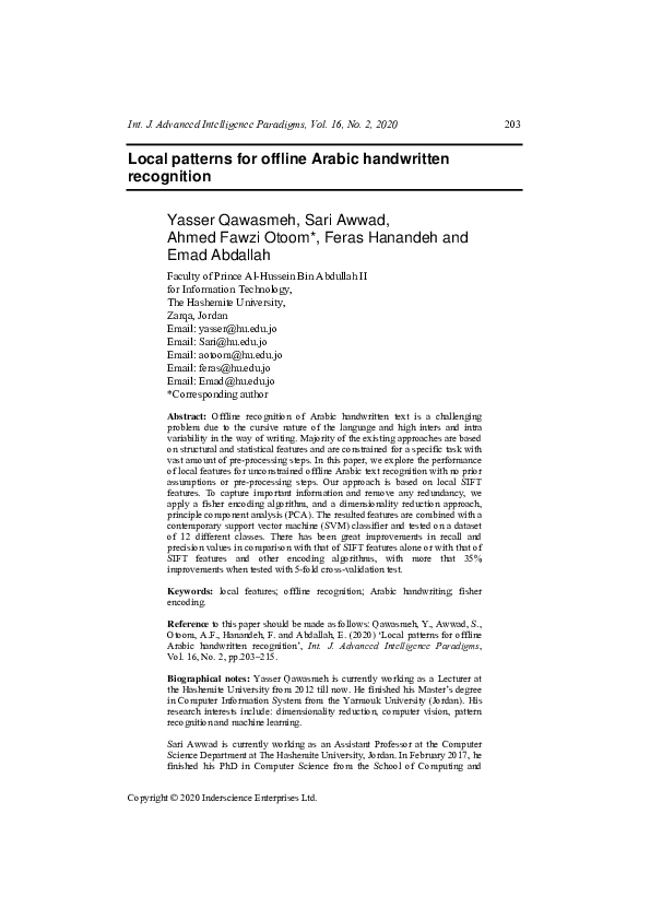 Pdf Offline Recognition Of Arabic Handwriting Using Sift