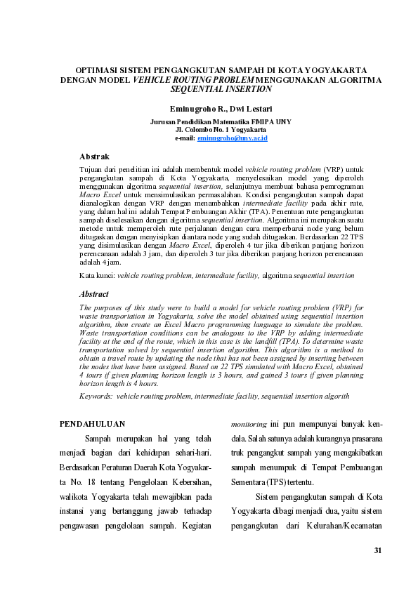 (PDF) Optimasi Sistem Pengangkutan Sampah DI Kota Yogyakarta Dengan Model Vehicle Routing ...