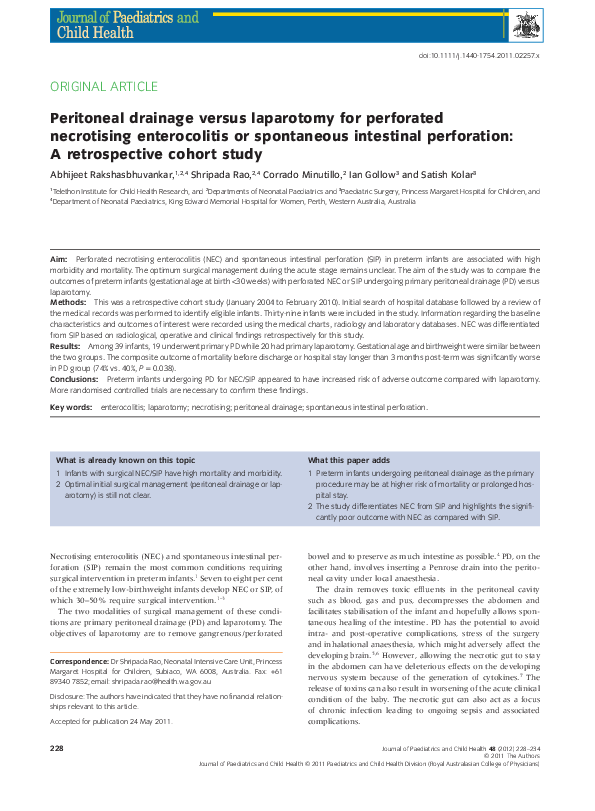 (PDF) Peritoneal drainage versus laparotomy for perforated necrotising ...